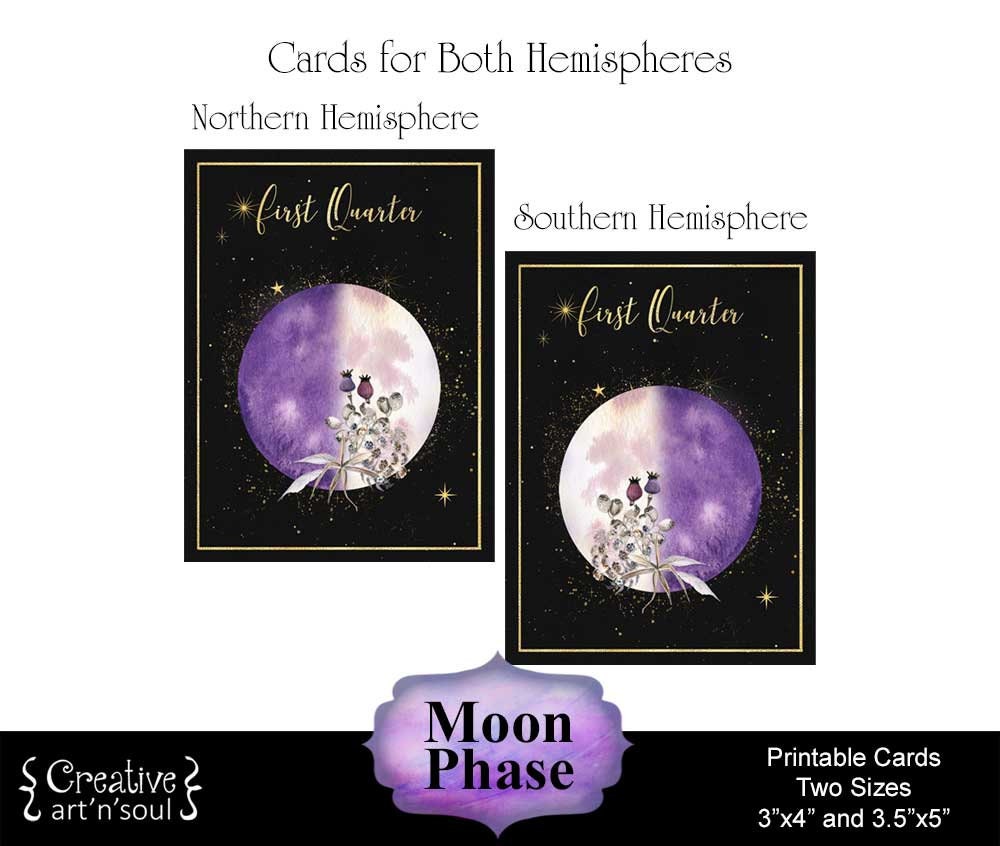 Printable Moon Phase Cards, Two Sizes 3x4 and 3.5x5, Two Hemispheres ...