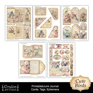 Printable Junk Journal Ephemera Cute Birds, Printable Pockets Cards ...