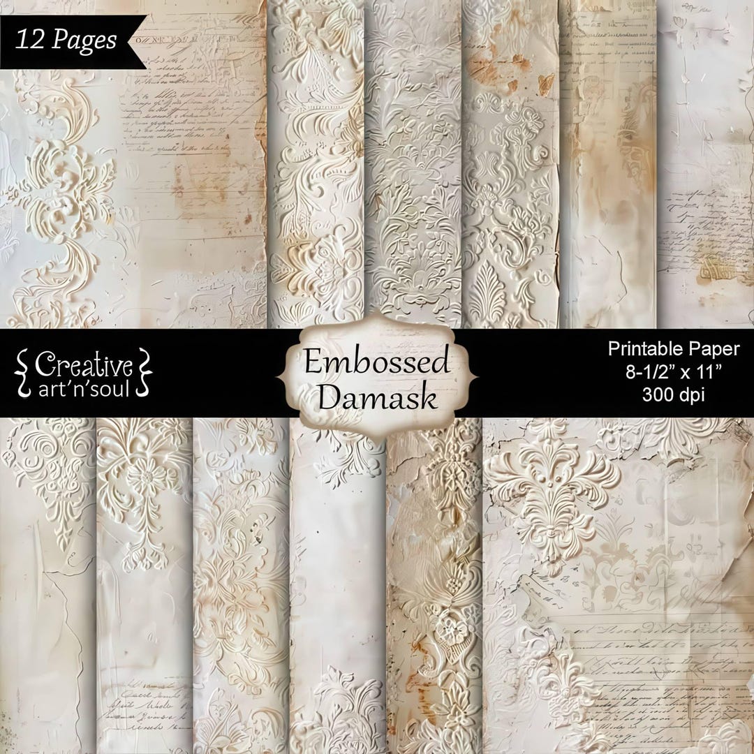 Embossed Damask Printable Junk Journal Paper Pack 8.5" X 11", Printable ...