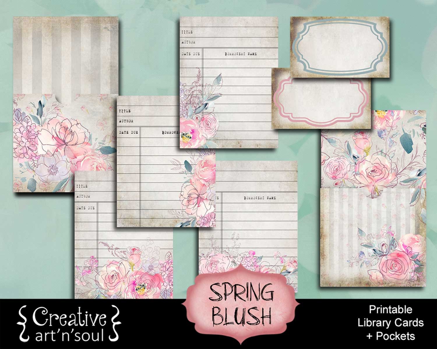 Printable Junk Journal Library Cards and Pockets Spring Blush - Etsy