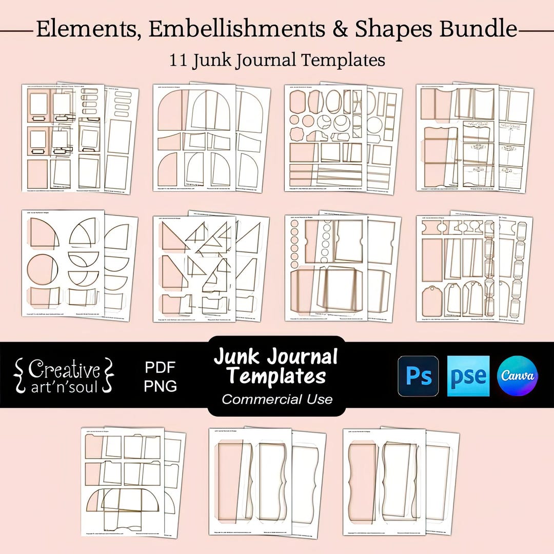 Junk Journal Templates, Elements Embellishments & Shapes Bundle ...