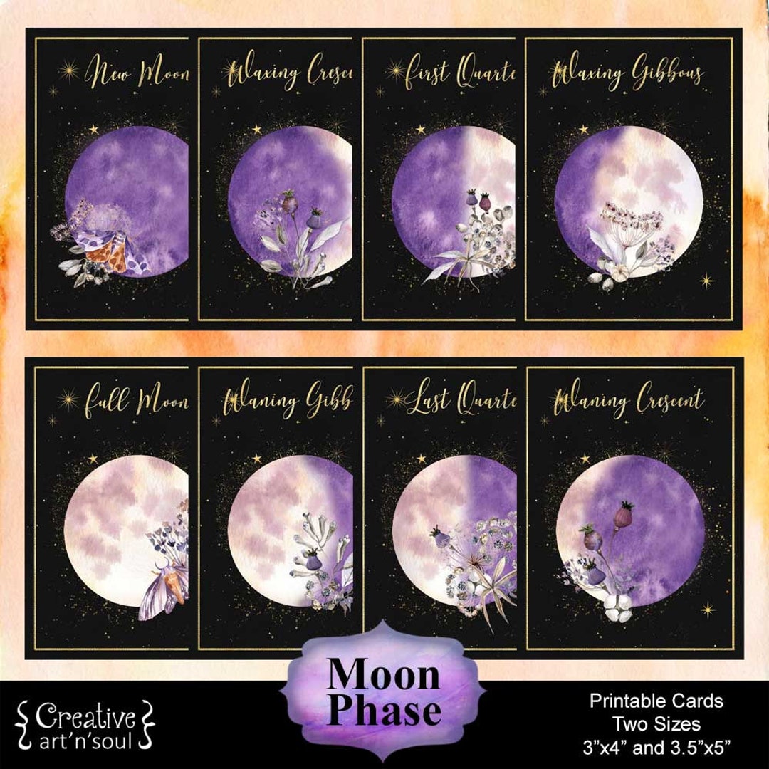 Printable Moon Phase Cards, Two Sizes 3x4 and 3.5x5, Two Hemispheres ...