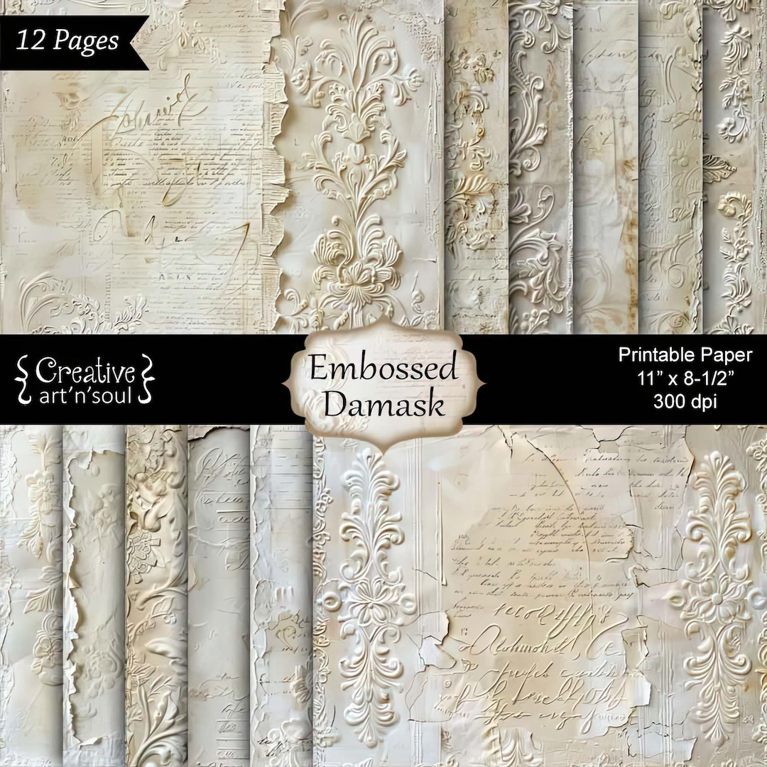 Printable Junk Journal Paper Pack Embossed Damask 11" X 8.5", Printable ...