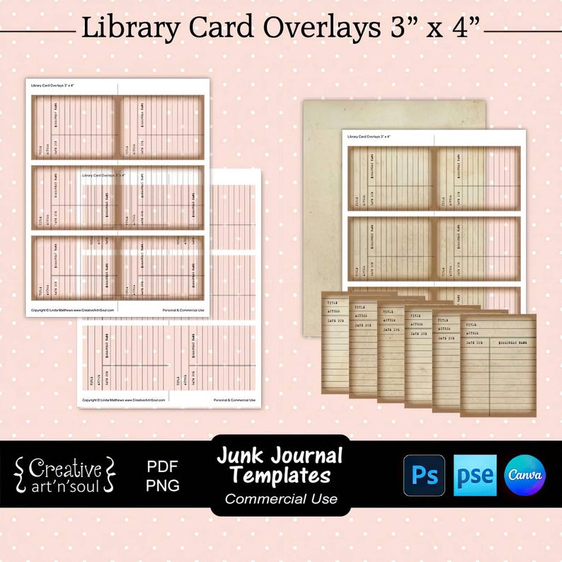 Junk Journal Templates, Printable Library Card Overlays 3"x4 ...