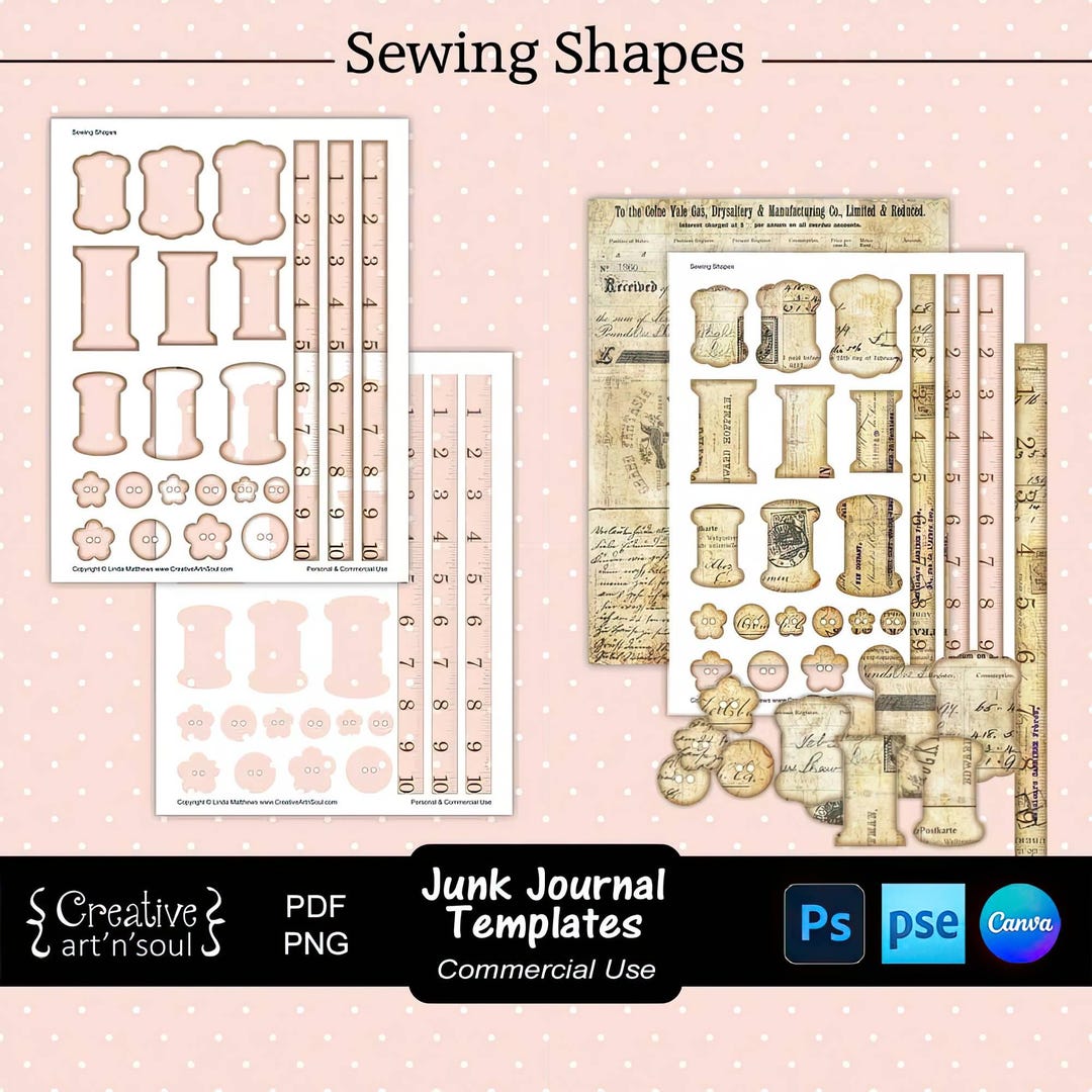 Junk Journal Templates, Printable Sewing Shapes, Templates for Canva ...