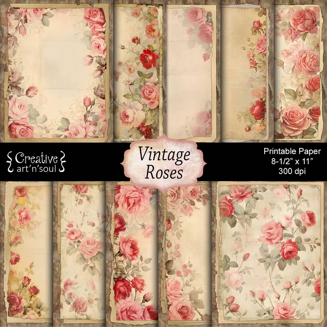 Vintage Roses Printable Junk Journal Paper Pack, Printable Junk Journal ...