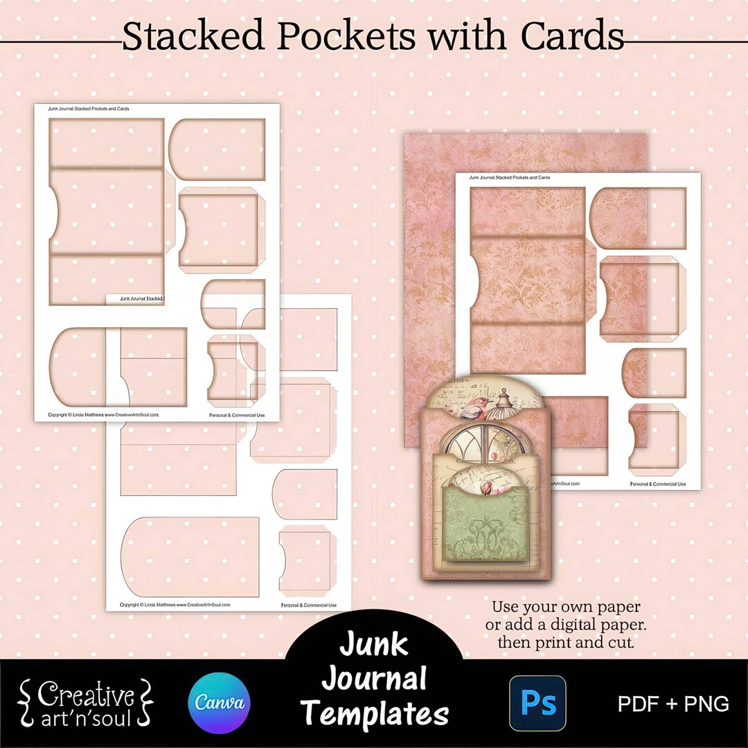 Printable Junk Journal Pocket Templates, Stacked Pockets With Cards ...