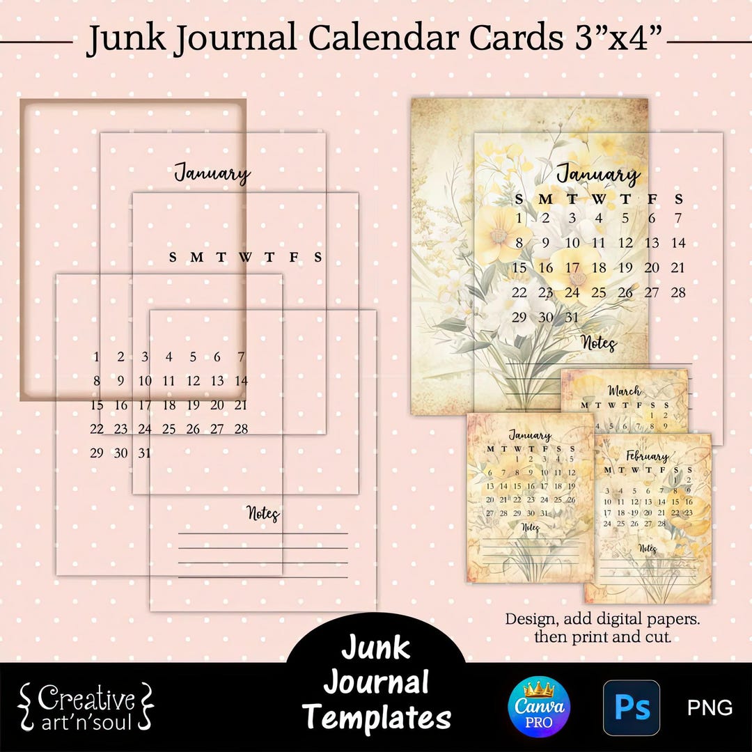 Printable Junk Journal Template, Junk Journal Calendar Cards 3 X 4 - Etsy