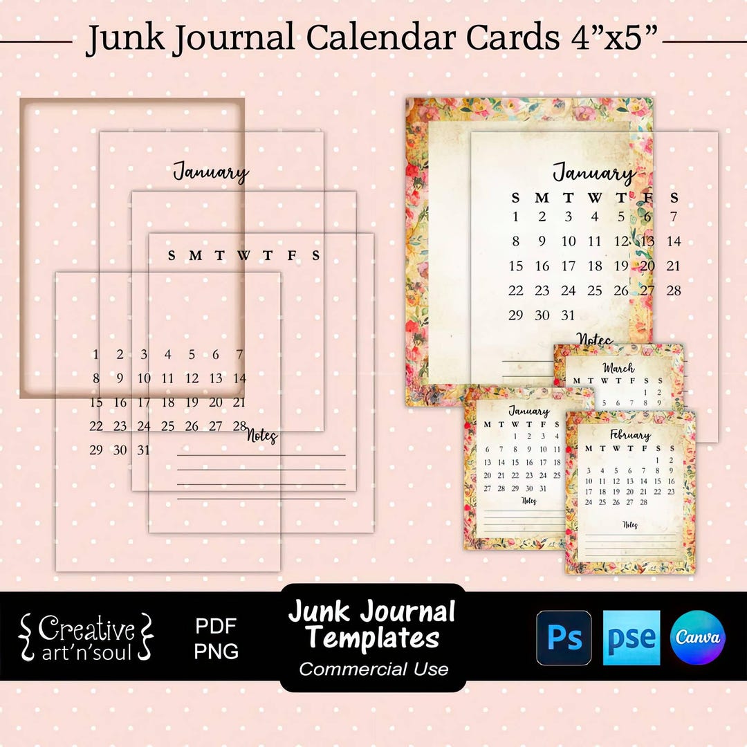 Junk Journal Templates, Printable Calendar Cards 4" X 5", for Canva and ...