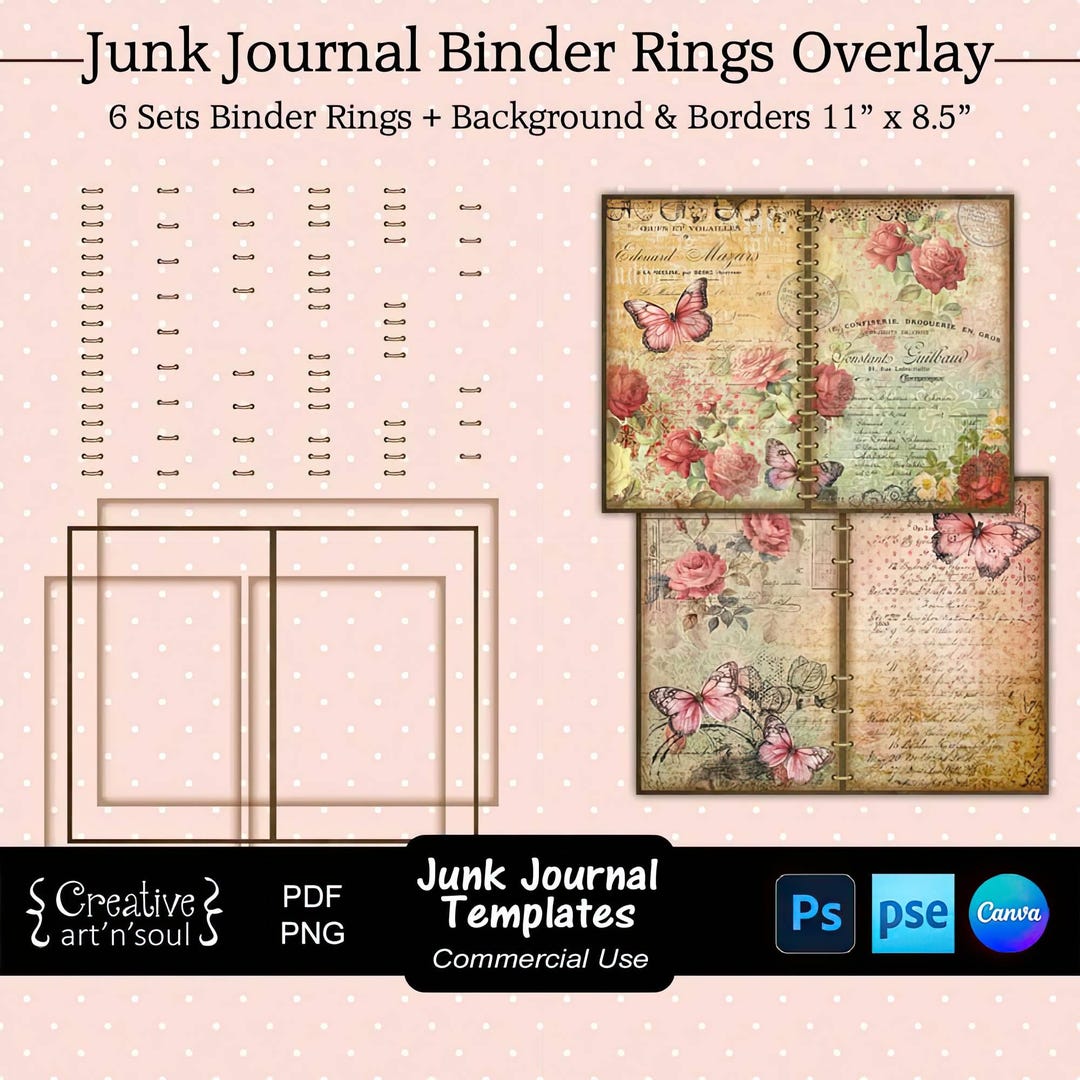 Junk Journal Templates, Binder Rings Page Overlays 11"x8.5", Templates ...