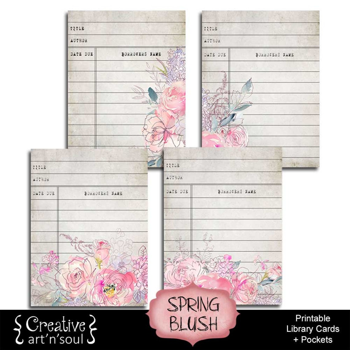 Printable Junk Journal Library Cards and Pockets Spring Blush, Junk ...