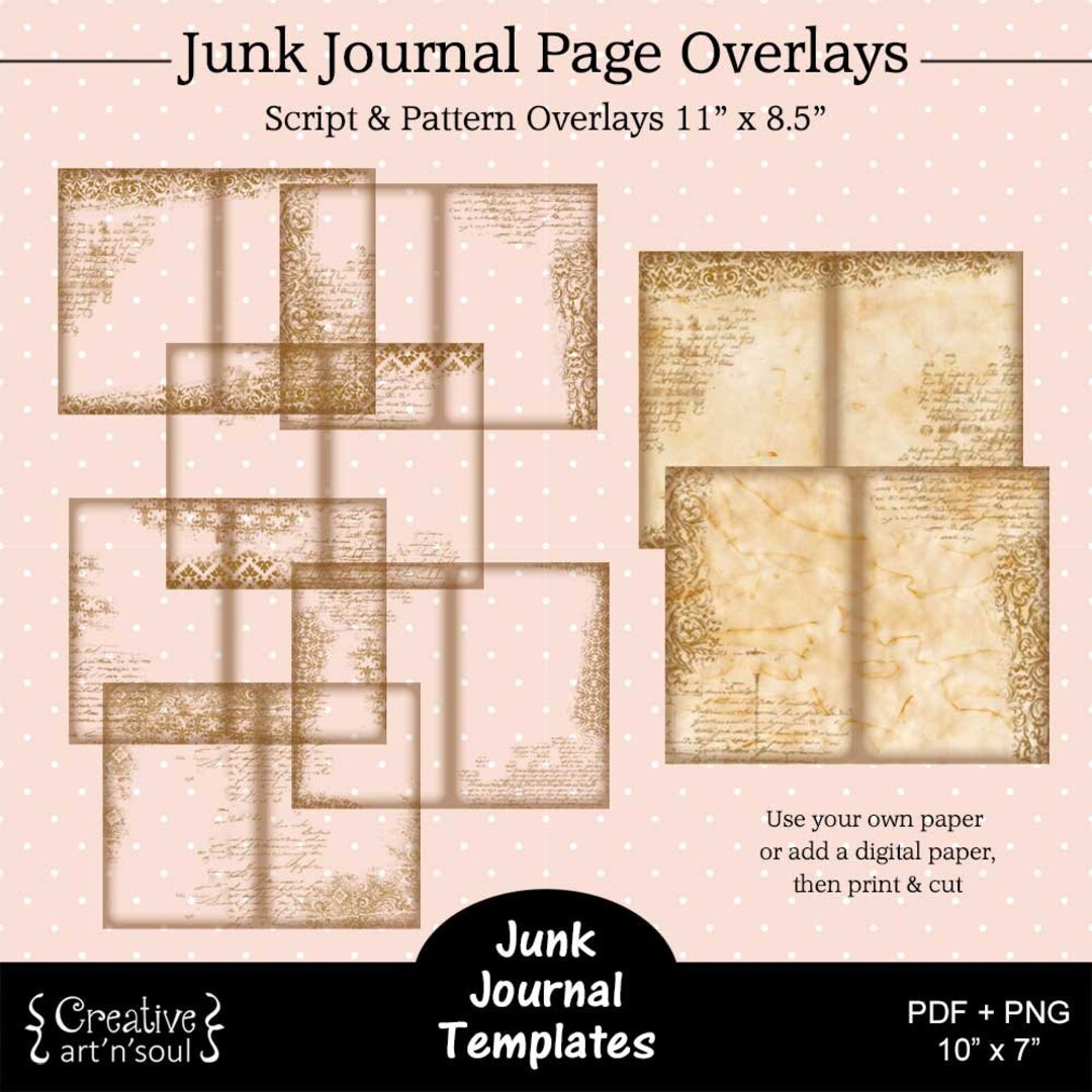 Printable Junk Journal Template, Junk Journal Page Overlays, Script and ...