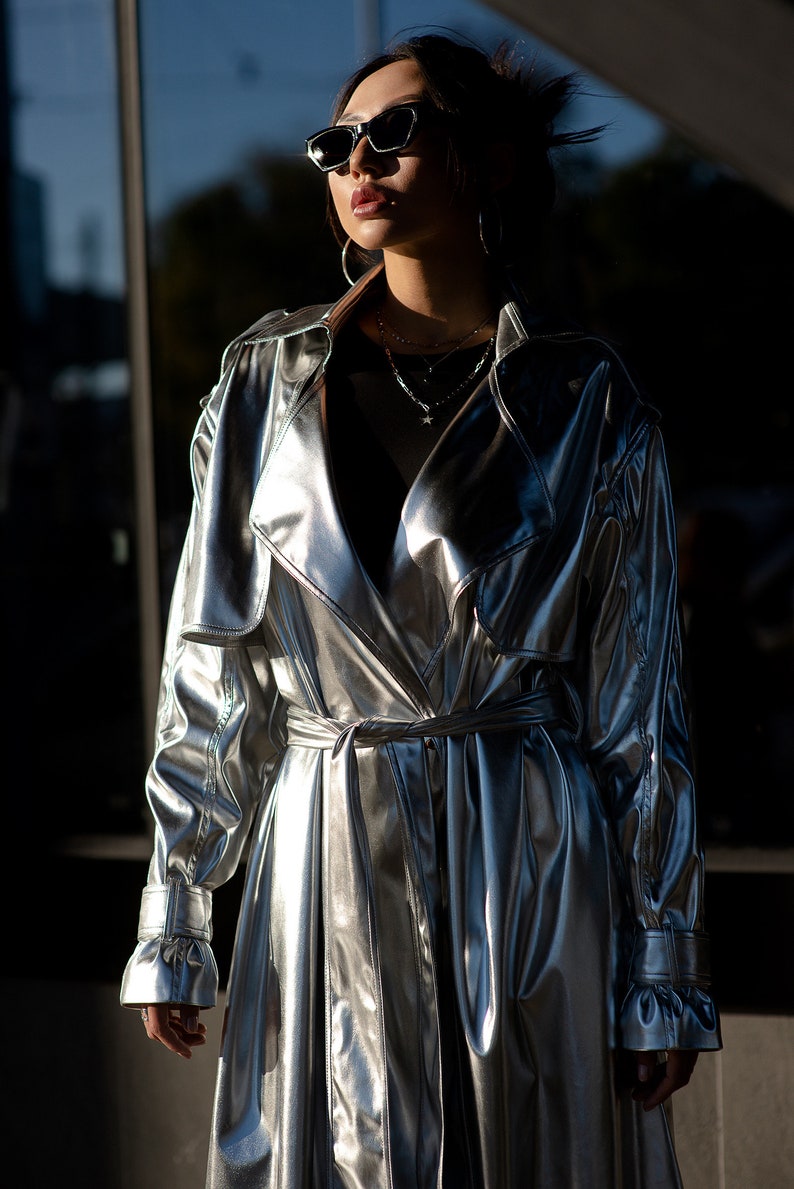 Silver Vegan Leather Trench Coat — Metallic Long Raincoat With Viscose ...