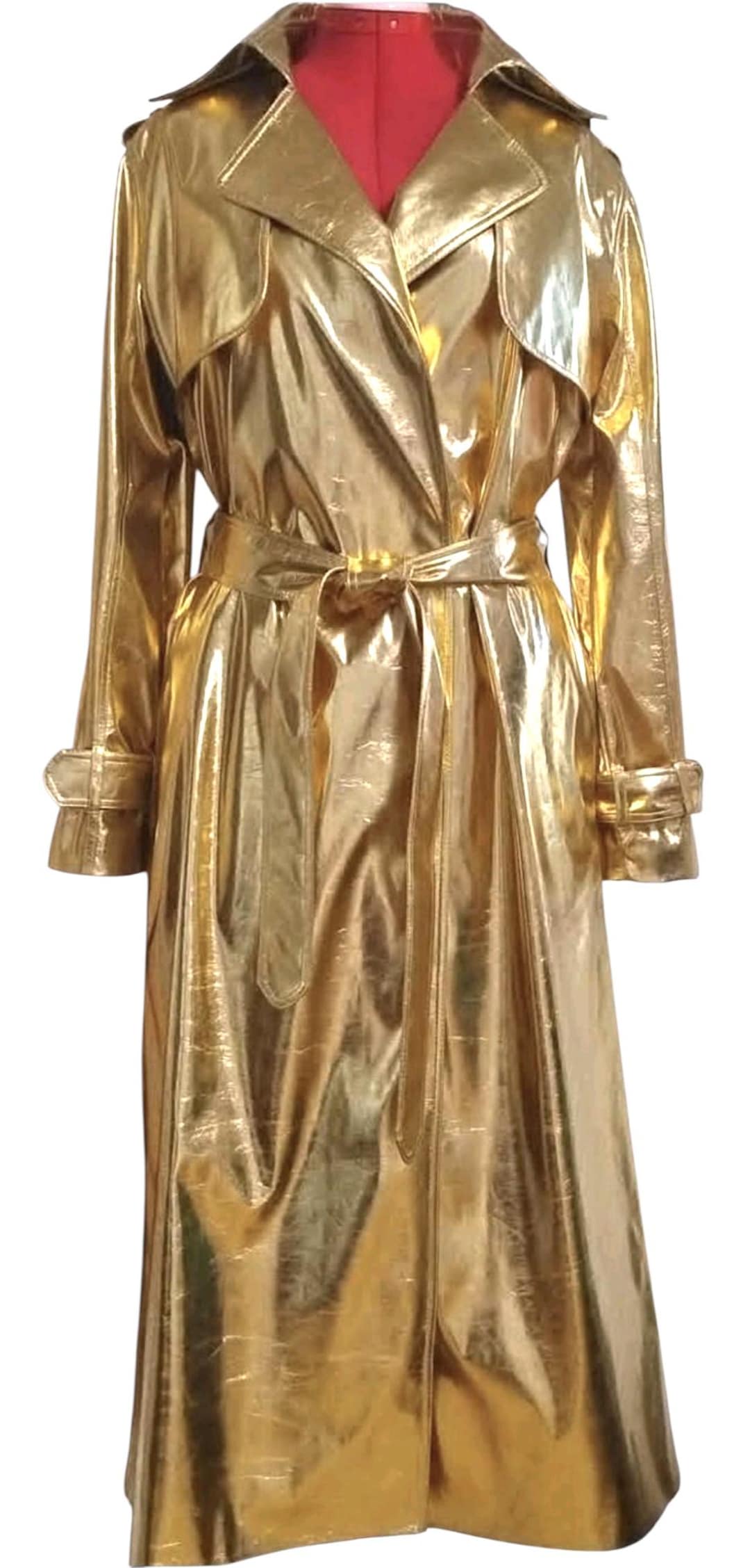 Women’s Gold Metallic Trench Coat – Long Glossy Rain Jacket With Belt ...