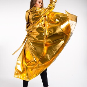 Women’s Gold Metallic Trench Coat – Long Glossy Rain Jacket With Belt ...