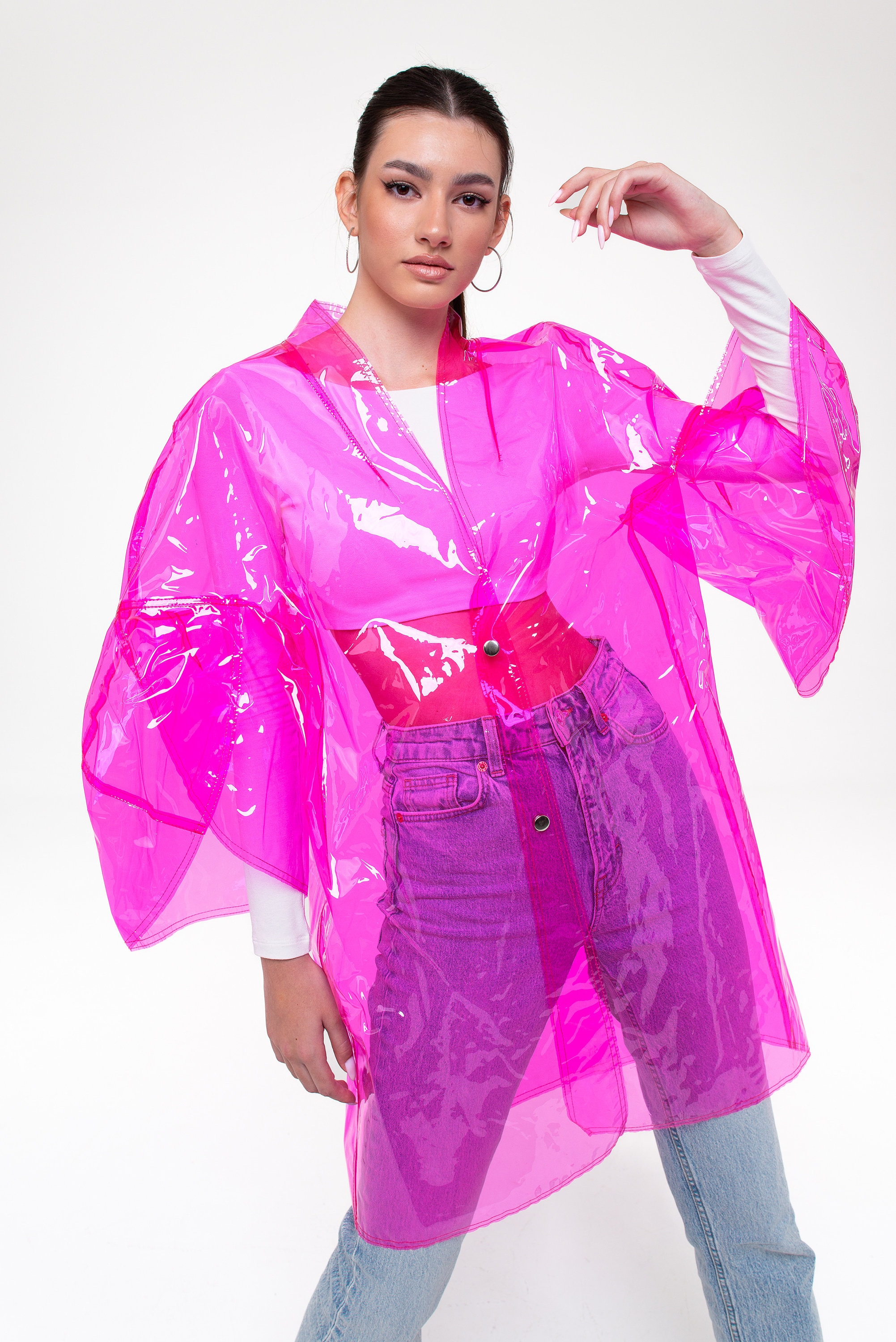Oversized Hot Pink Vinyl Trench Coat – Tulip Sleeve Transparent ...