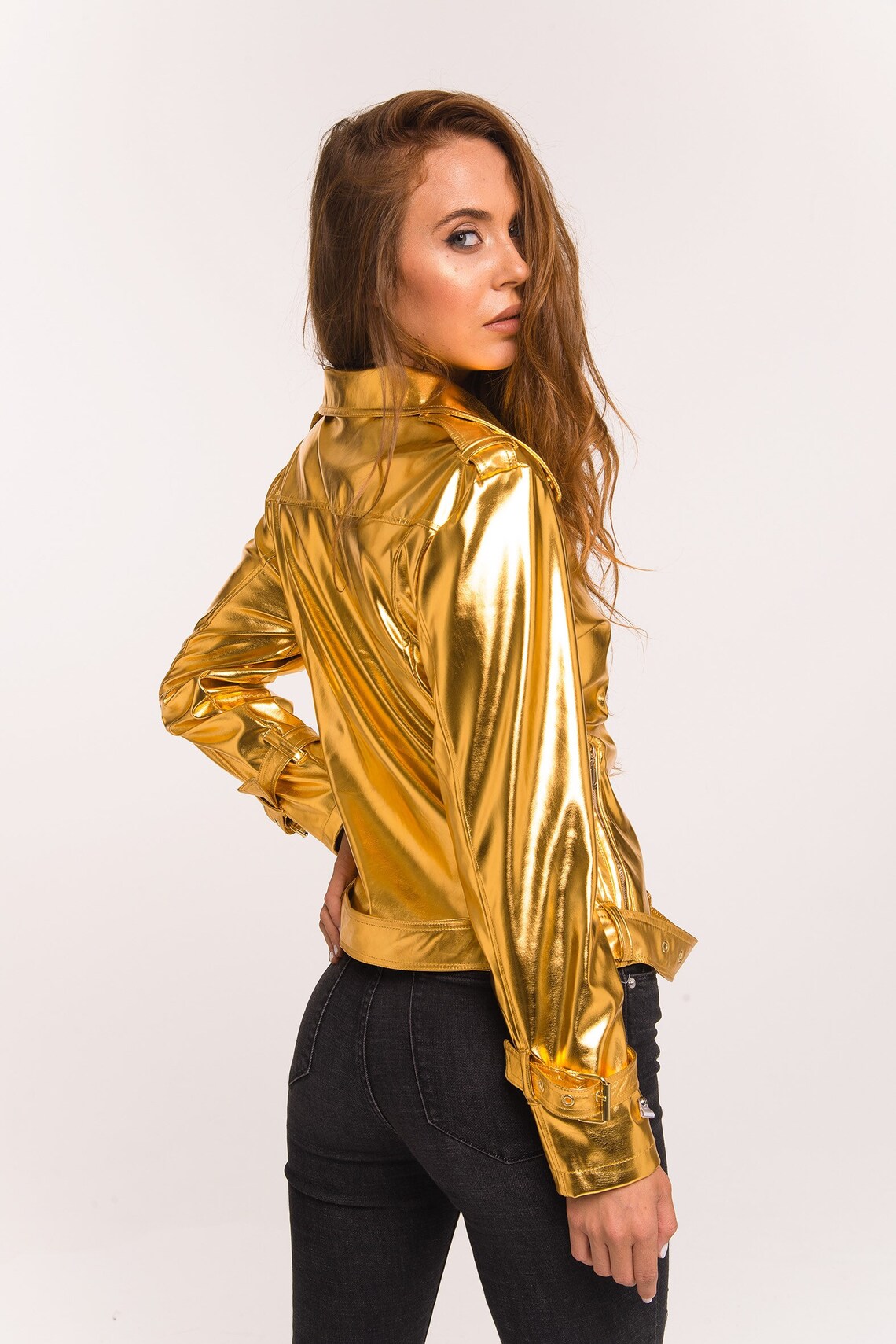 Gold Vegan Leather Biker Jacket. Shiny Girls Fall Jacket. - Etsy
