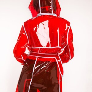 Red Ladies Rain Coat With Removable Hood- Bold Red Vinyl Trenchcoat ...