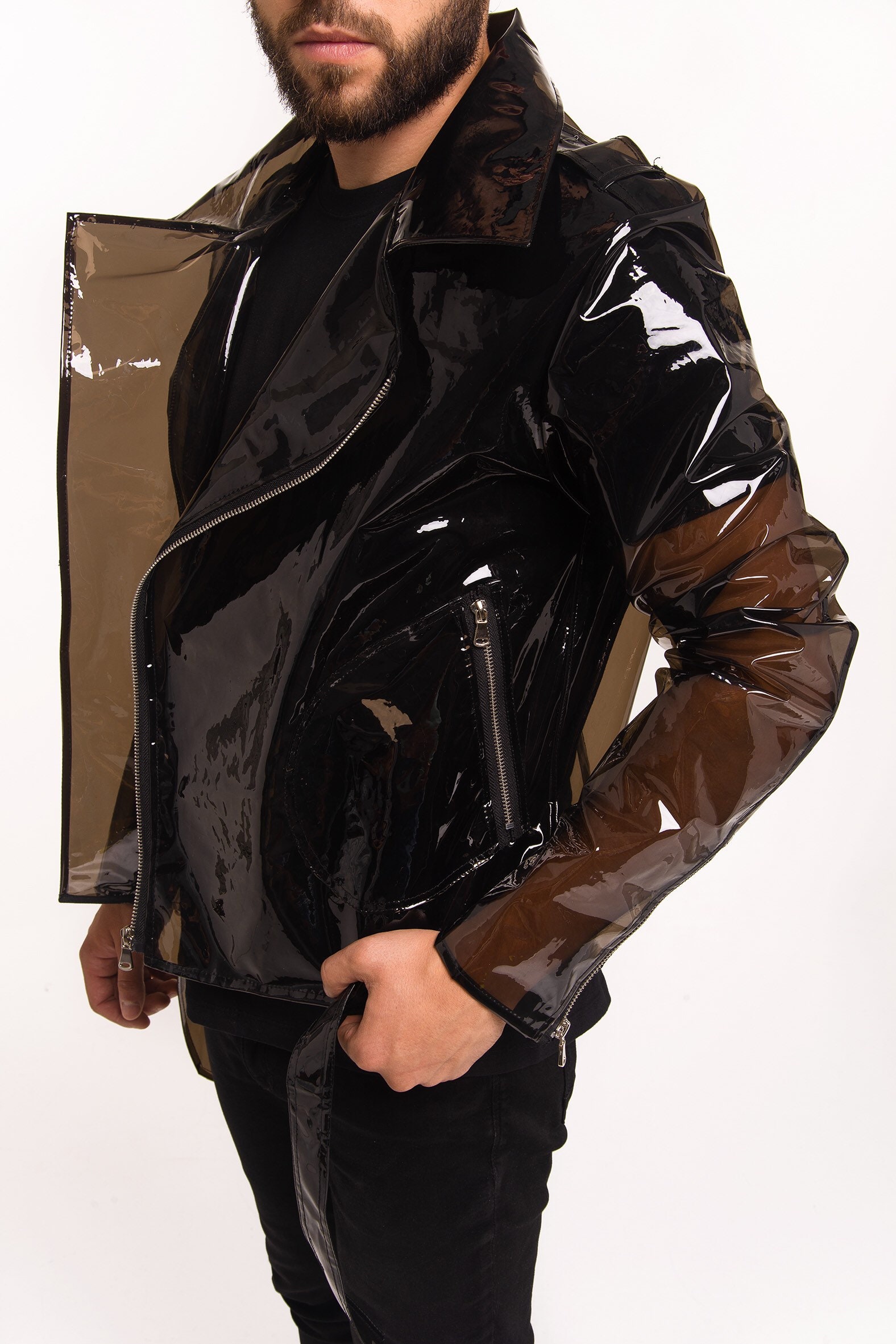Transparent Smoked Vinyl Biker Jacket With Belt. Men's - Etsy