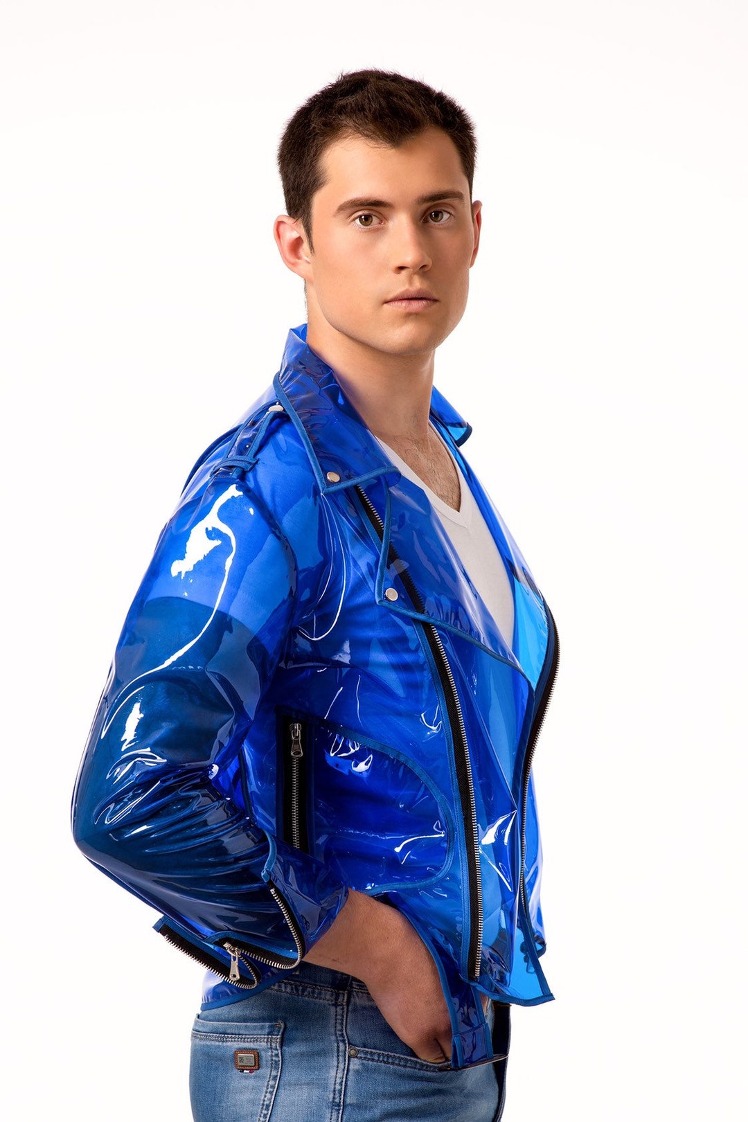 Vinyl Men's Biker Jacket. Transparent Men Clothing! Motorcycle Jacket ...