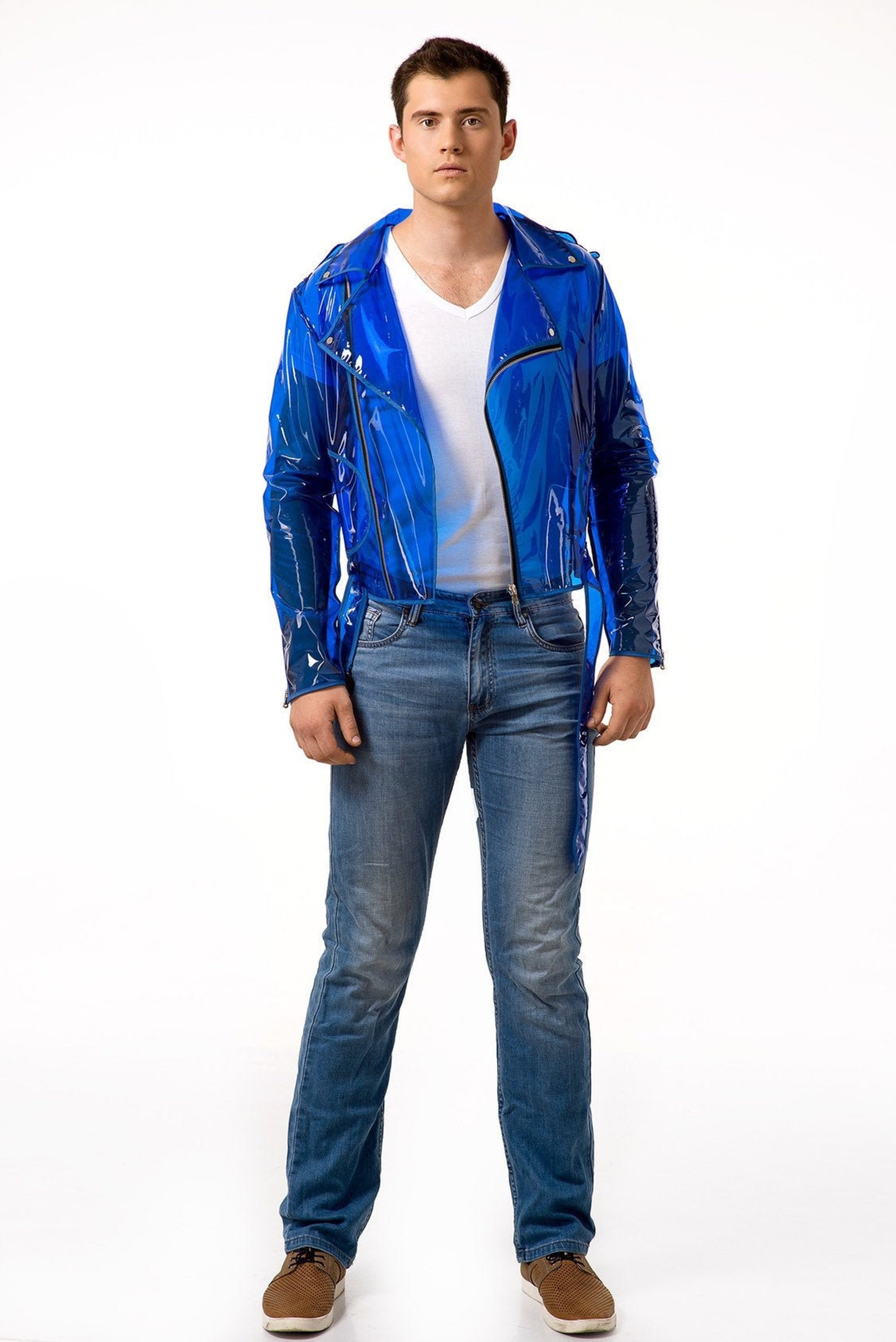 Vinyl Men's Biker Jacket. Transparent Men Clothing! Motorcycle Jacket ...