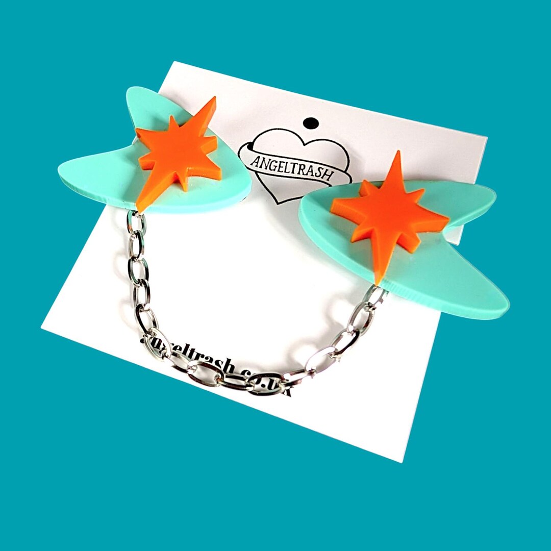 MCM Atomic Boomerang Cardigan/sweater Clips Turquoise With Orange Star ...