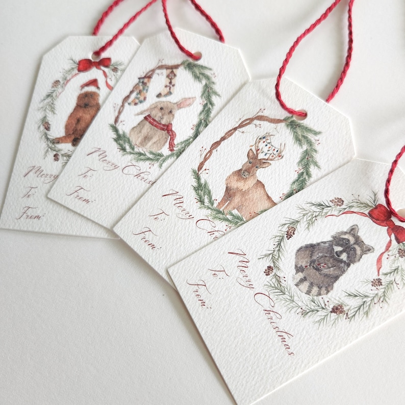 Woodland Animal Christmas Gift Tags, Watercolor Set of 8 - Etsy