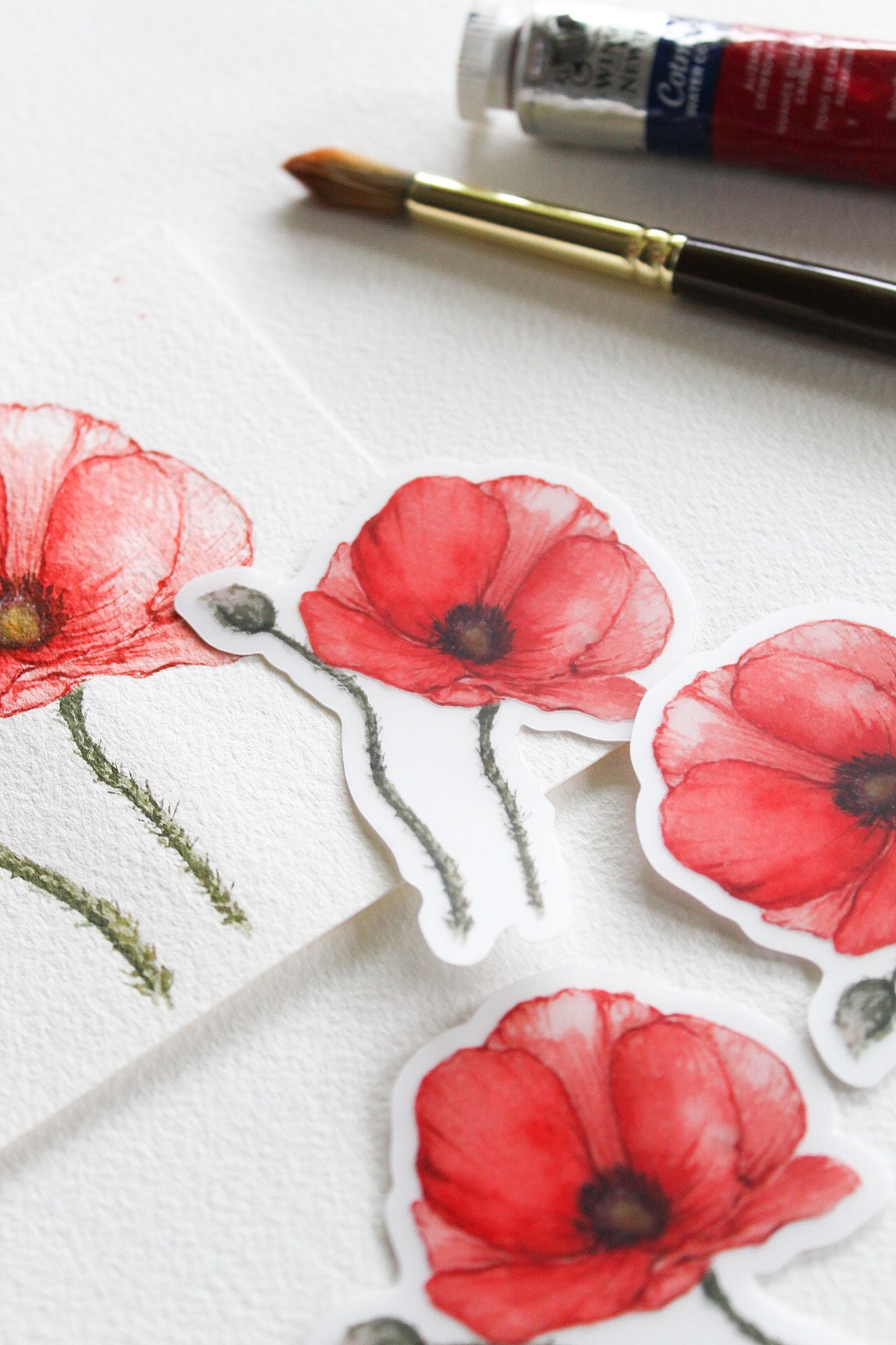 Poppy Vinyl Sticker, Red Poppy Clear Flower Sticker, Watercolor Floral ...