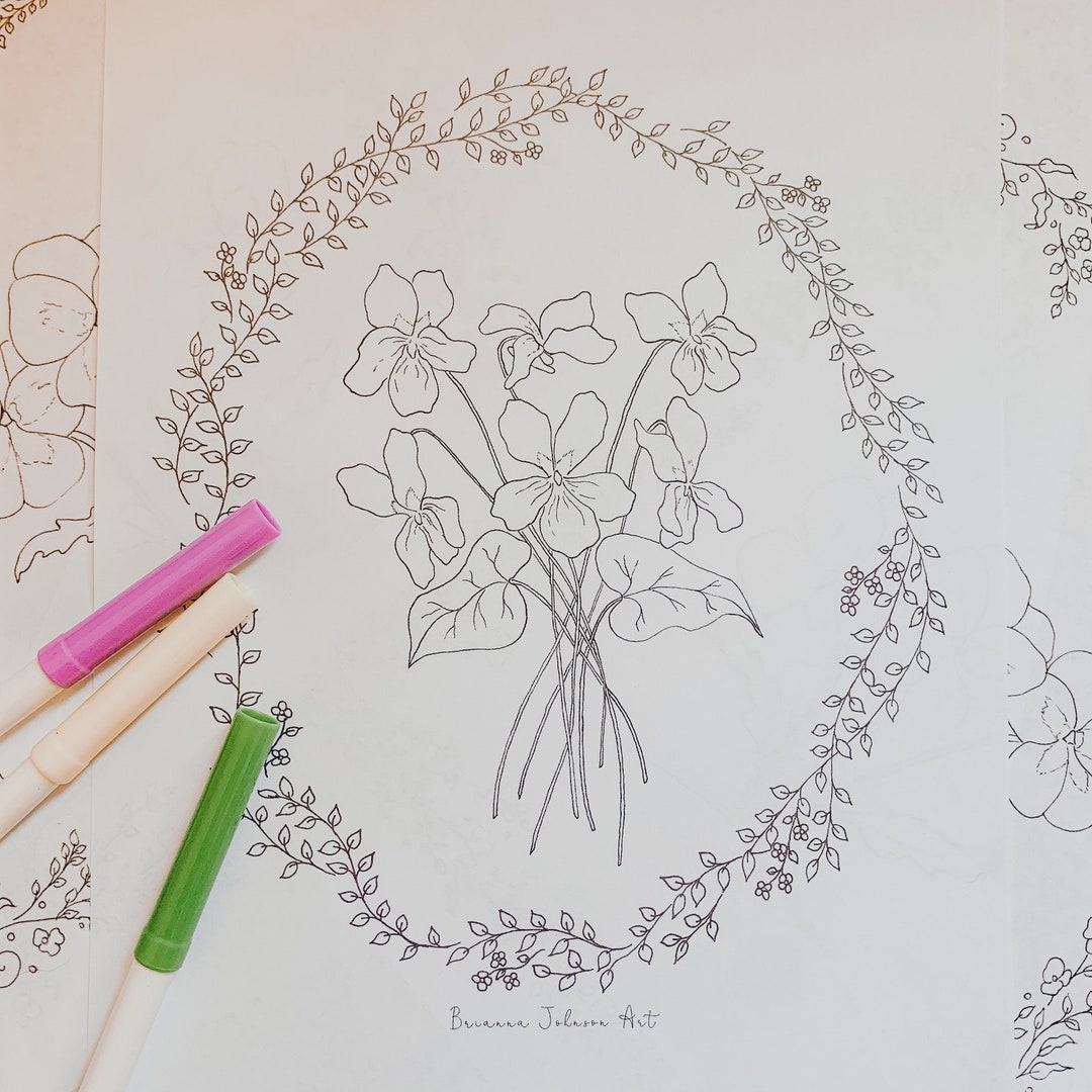 Violet Flower Coloring Page Instant Downloadable Violet Bouquet ...