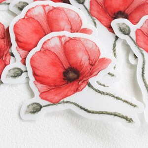 Poppy Vinyl Sticker, Red Poppy Clear Flower Sticker, Watercolor Floral ...