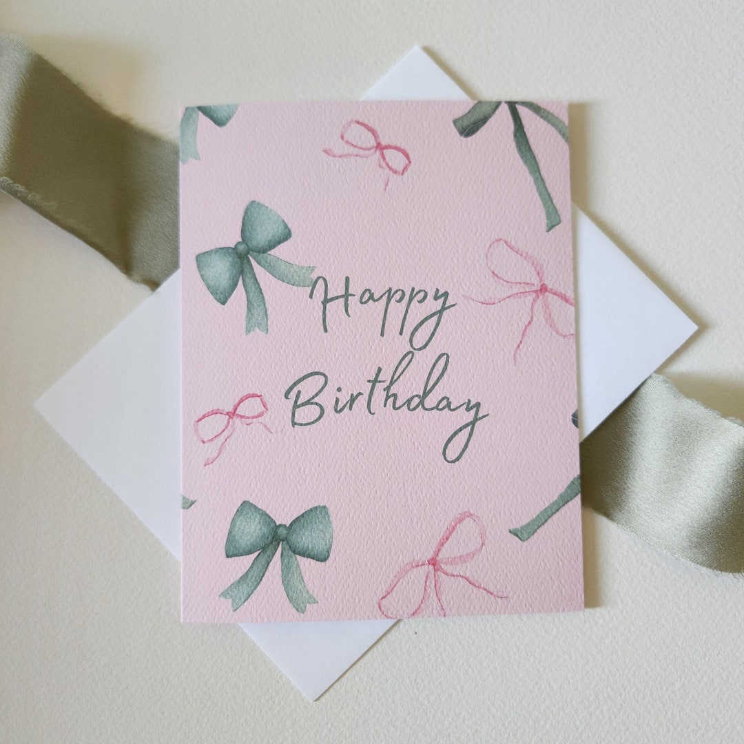 Pink Bow Birthday Card Girly Pink Happy Birthday Card With Bows ...