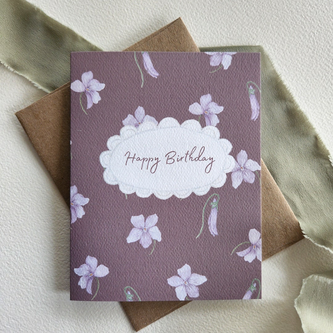 Birthday Card With Violet Flowers Floral Happy Birthday Card Birthday ...