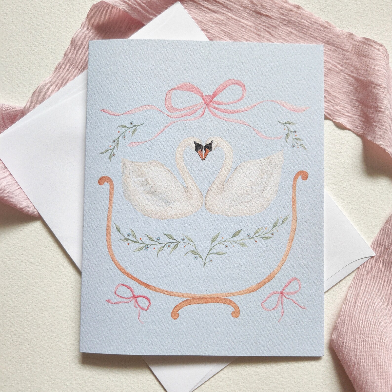 Swan Hearts and Bows Greeting Card Girly Coquette Card Pink Bow ...
