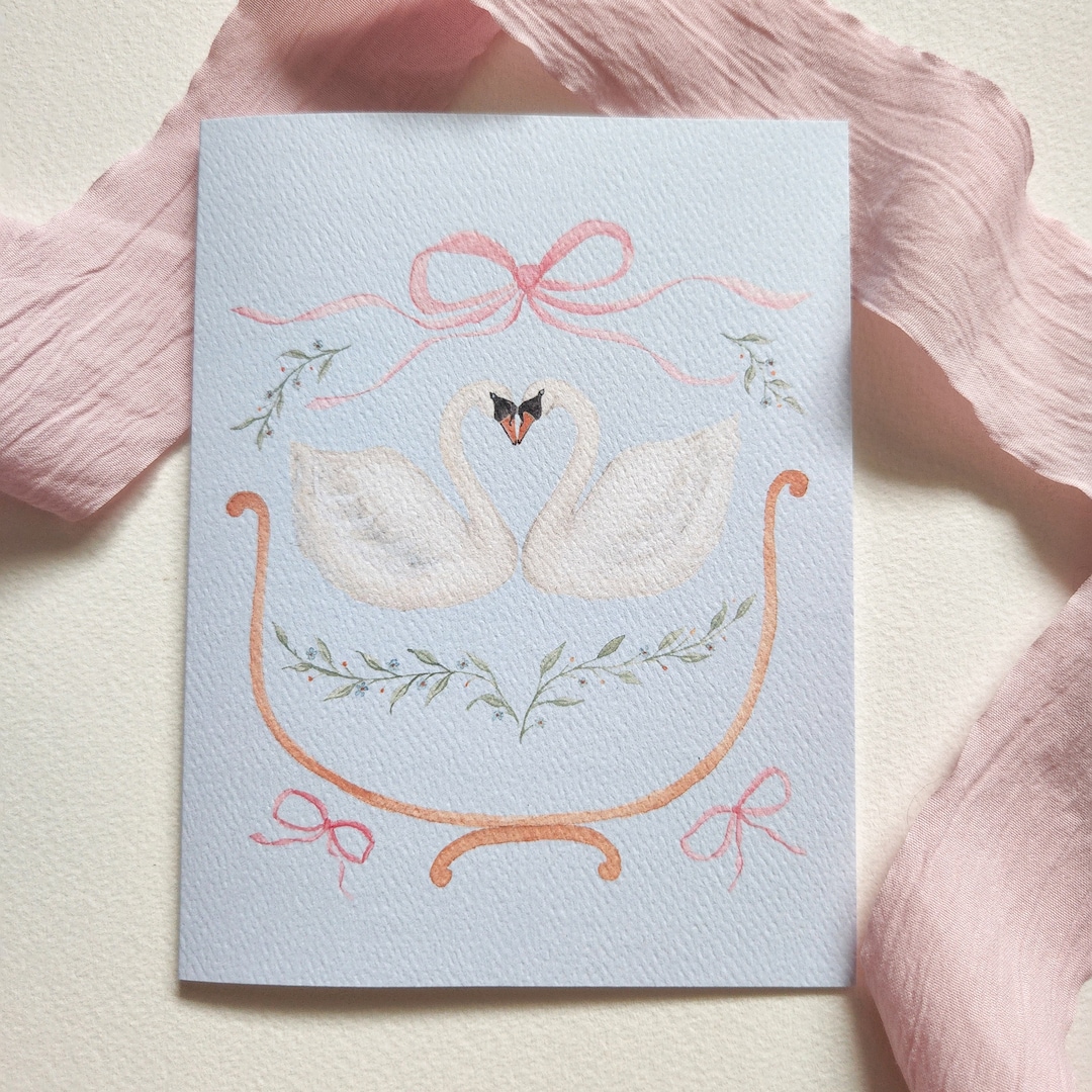 Swan Hearts and Bows Greeting Card Girly Coquette Card Pink Bow ...