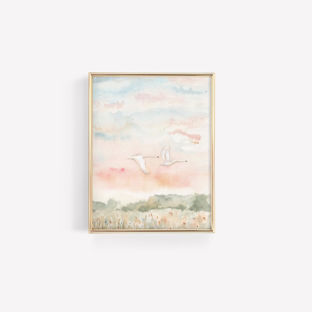 Swan Watercolor Painting Art Print of Two Swans Flying Cotton Candy ...