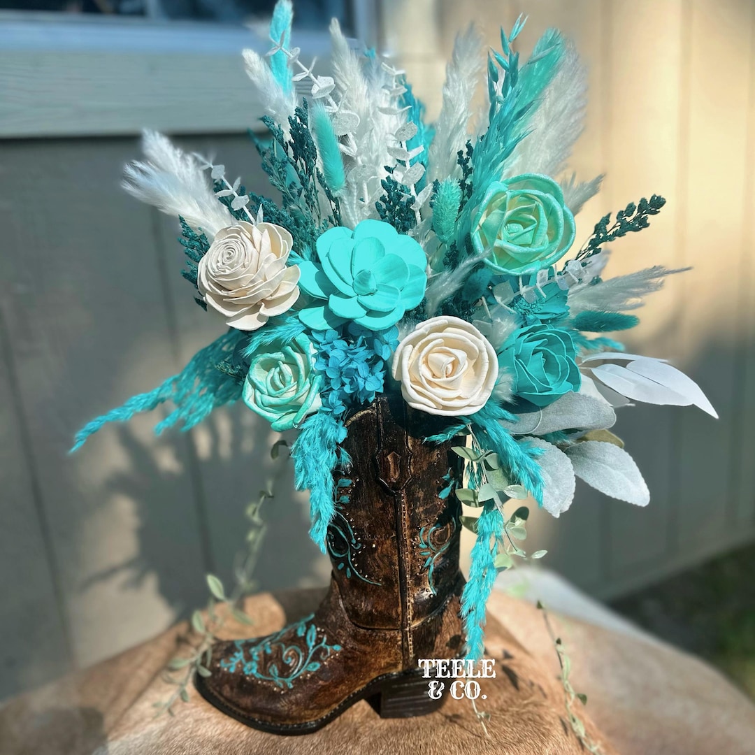 Turquoise Western Floral Boot Arrangement, Cowboy Boot Flower Vase - Etsy