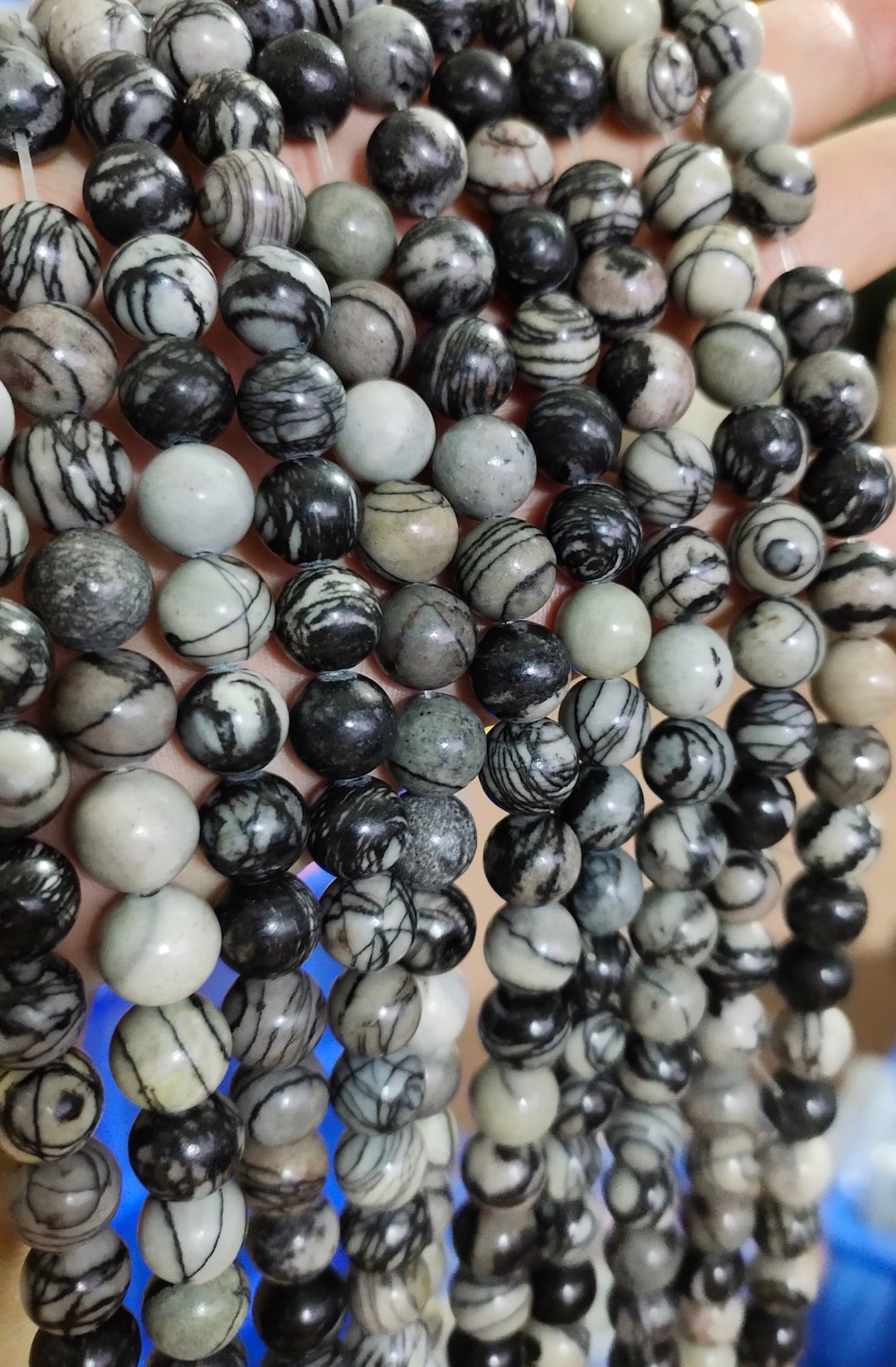 1 Full Strand 6 - 12mm Spider Web Jasper Smooth Round Beads , Semi ...