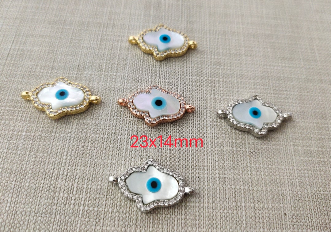 Micro Pave CZ Hamsa Hand Evil Eye Connector , 14x23mm Mother of Pearl ...