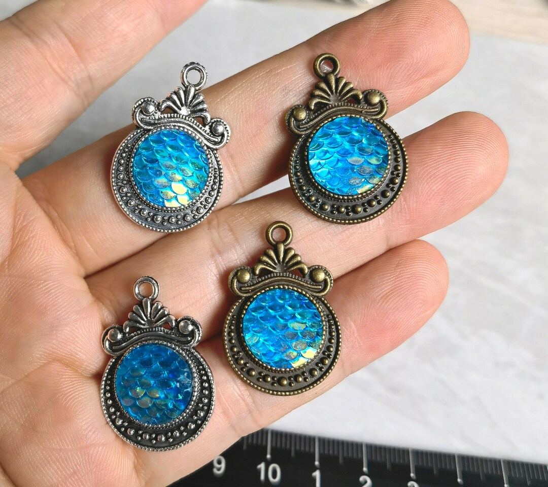 10pcs Aurora Aqua Blue AB Round Dome Fish Scale Charm ,19x28mm Mermaid ...