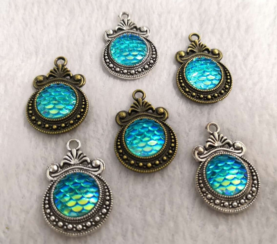 10pcs Aurora Aqua Blue Round Dome Fish Scale Charm ,19x28mm Mermaid ...