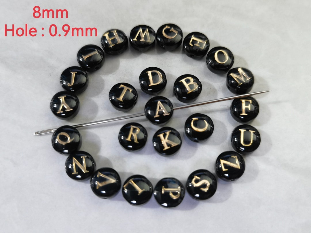 8mm Black Glass Alphabet Beads ,puff Round Black Golden Letter, Double ...
