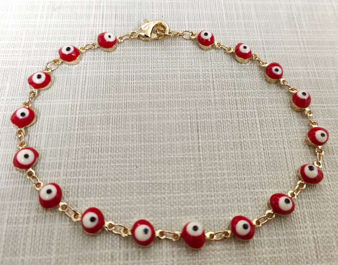 Turkish Eye Bracelet Gold Plated Chain, Red Evil Eye Bracelet, Lucky ...