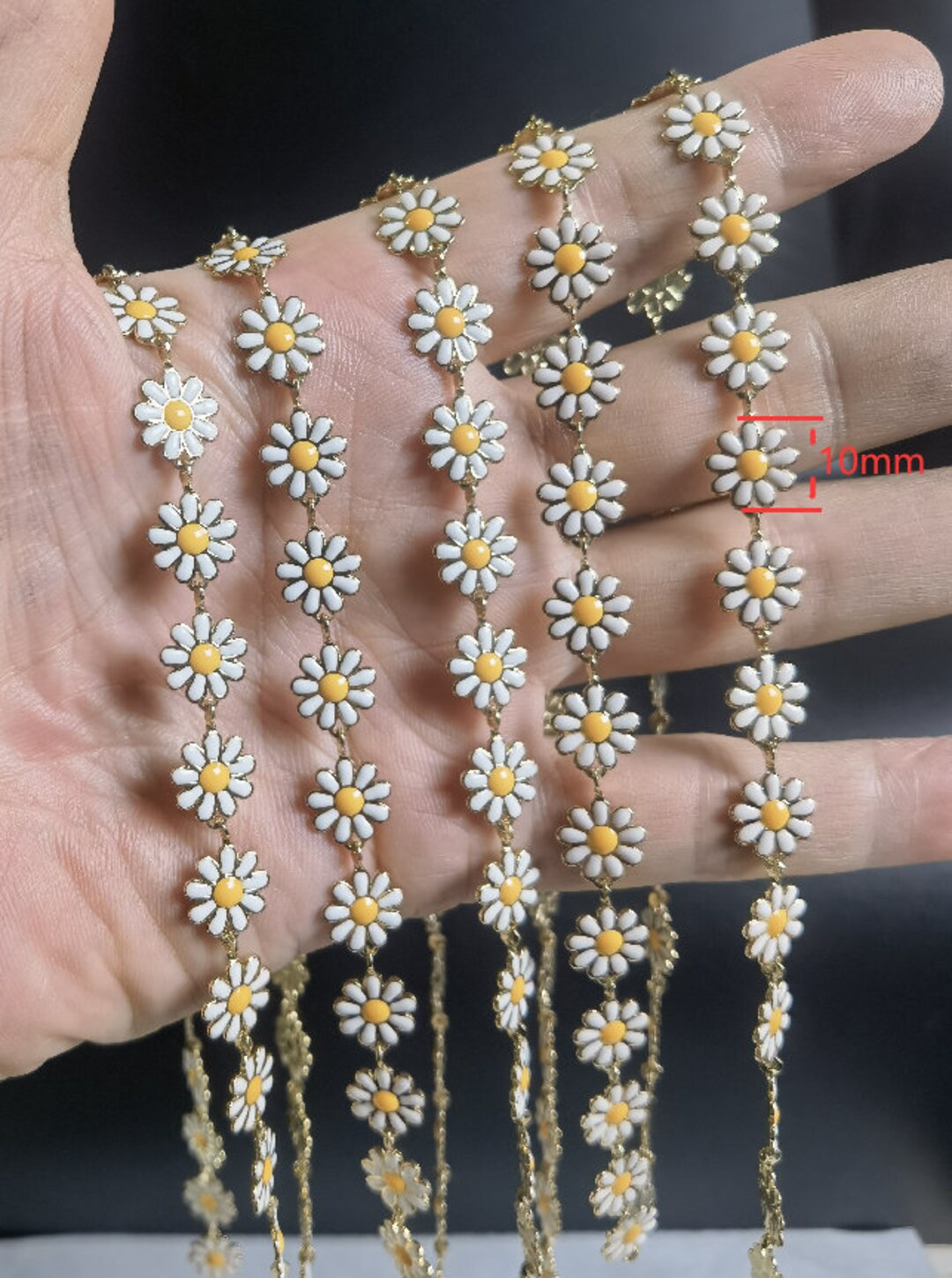 1 Meter Gold Plated Brass Chain , 10mm White Daisy Charm Chain , Enamel ...