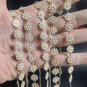 1 Meter Gold Plated Brass Chain , 10mm White Daisy Charm Chain , Enamel ...