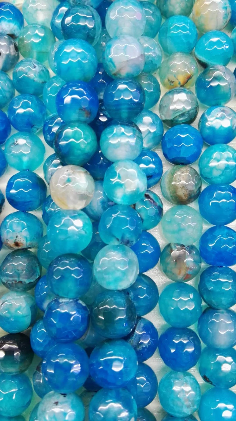 1 Full Strand 8mm 10mm Blue Agate Round Beads , Faceted Agate Beads ...