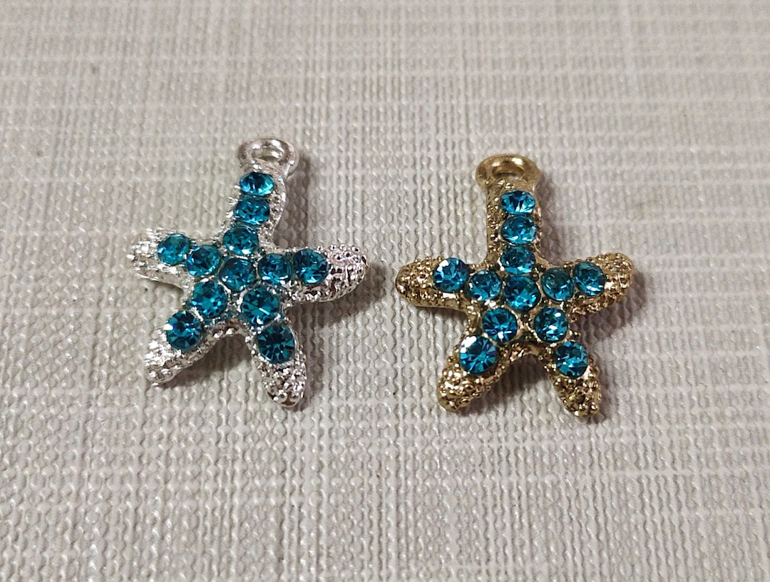 10pcs Rhinestone Starfish Charms , Blue Starfish Charm , 17x20mm Gold ...