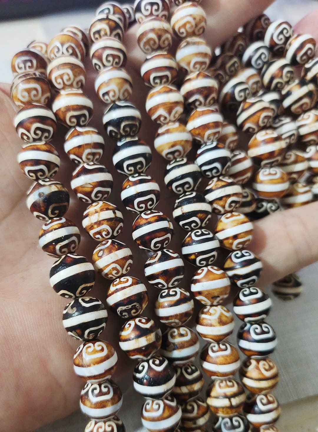 1 Full Strand 10mm Tibetan Dzi Beads ,brown White Tibetan Agate Beads ...
