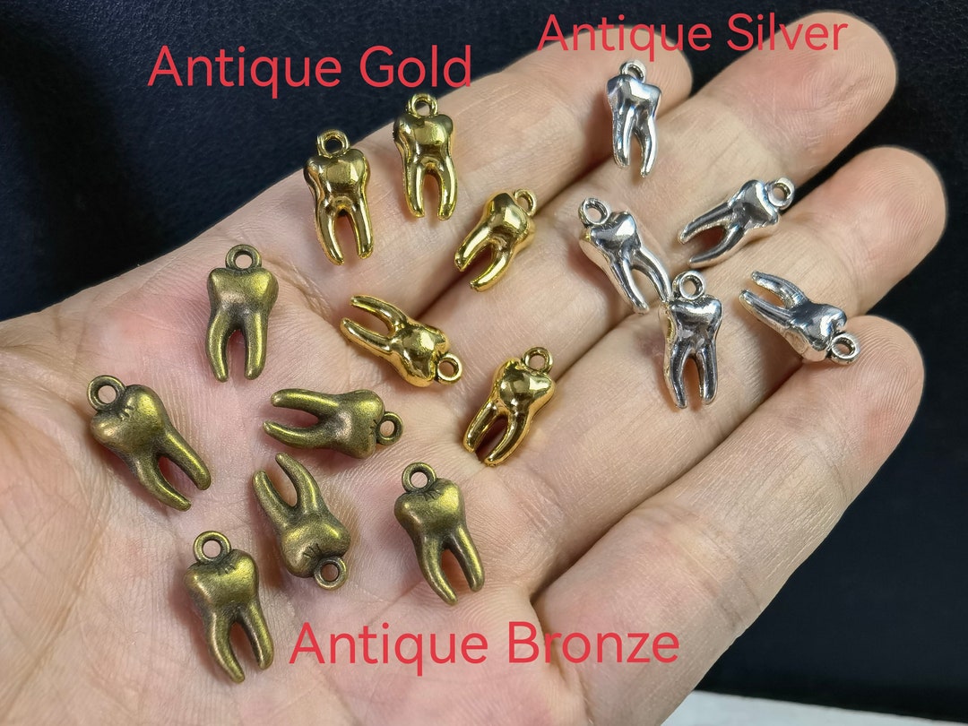 40pcs Antique Silver - Bronze - Gold 3D Tooth Charms ,double Sided ...