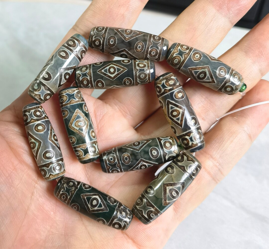 10 Green & Brown Tibetan Dzi Beads ,drum Barrel Dzi Beads ,10x30mm ...