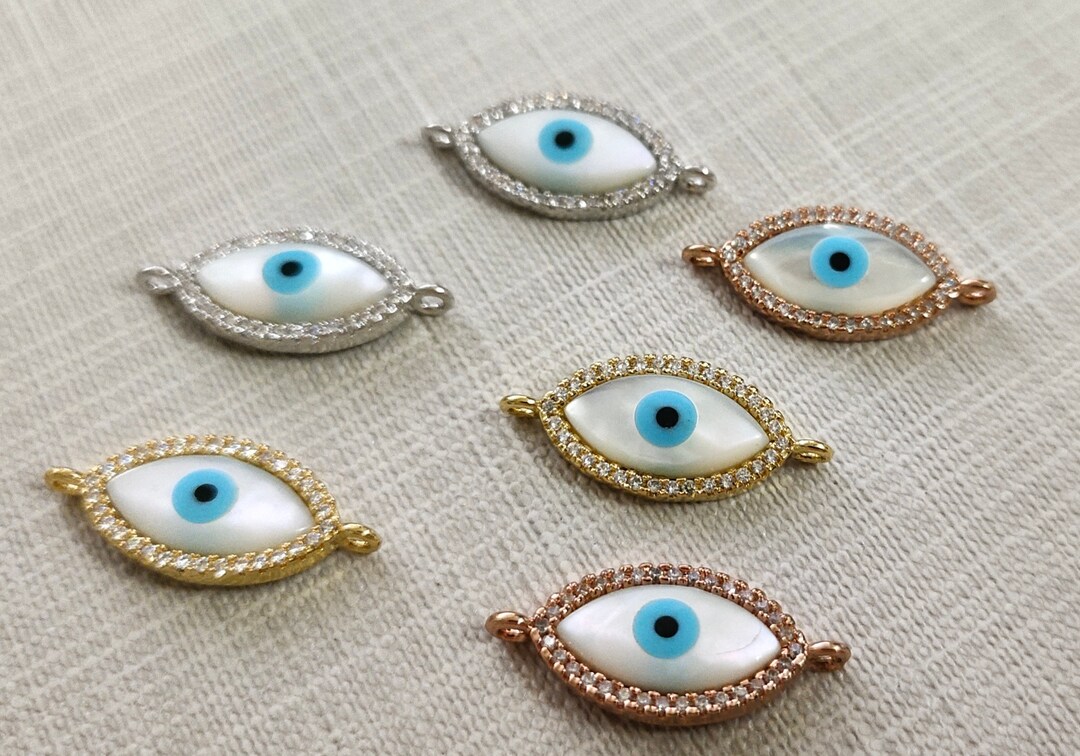 2 - 10 Pcs Micro Pave CZ Evil Eye Connector ,10x23mm Mother of Pearl ...